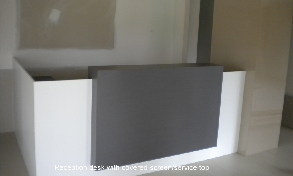 Reception desk in white 2 pac and timber grain melamine - Mike Design